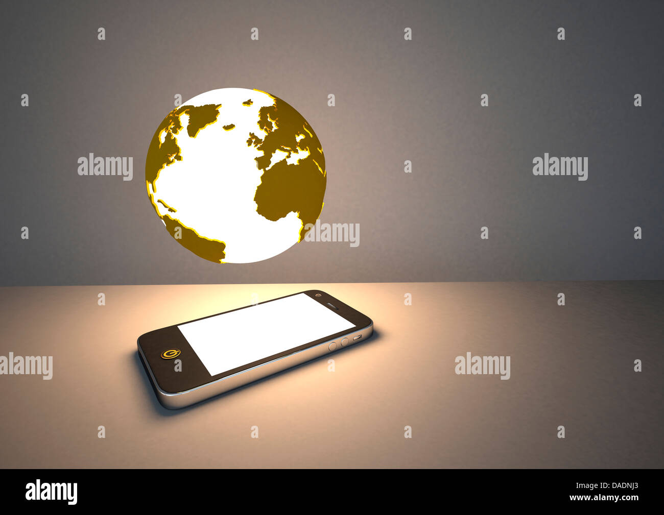 Illustration of glowing globe hovering on smart phone, close up Stock ...