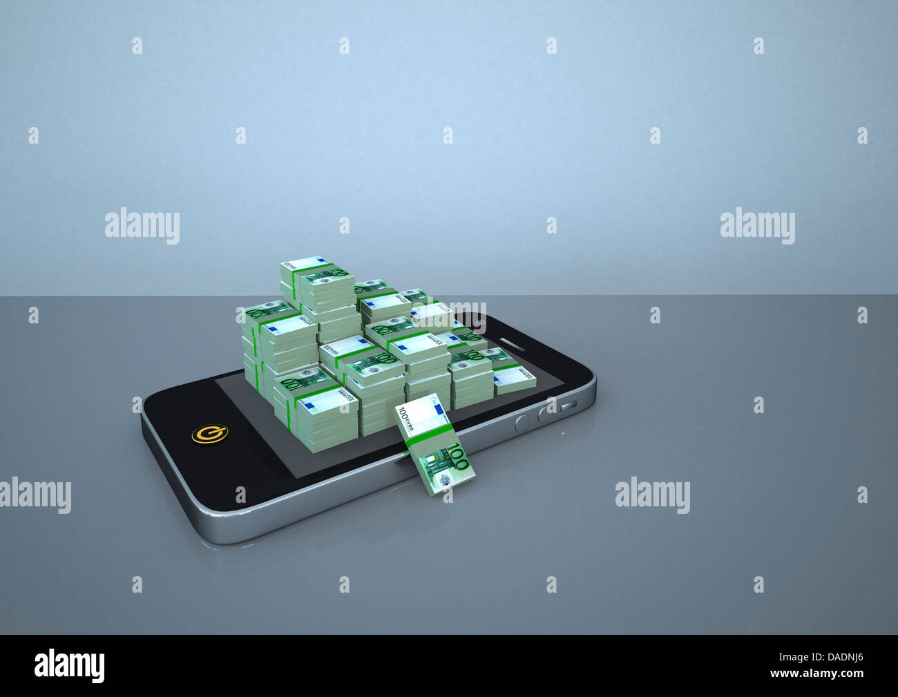 Illustration of smart phone with stack of Euro banknotes, close up ...