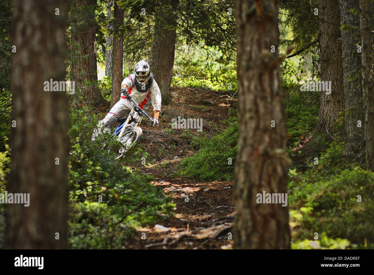 Front view of man riding mountain bike through forest hi-res stock ...