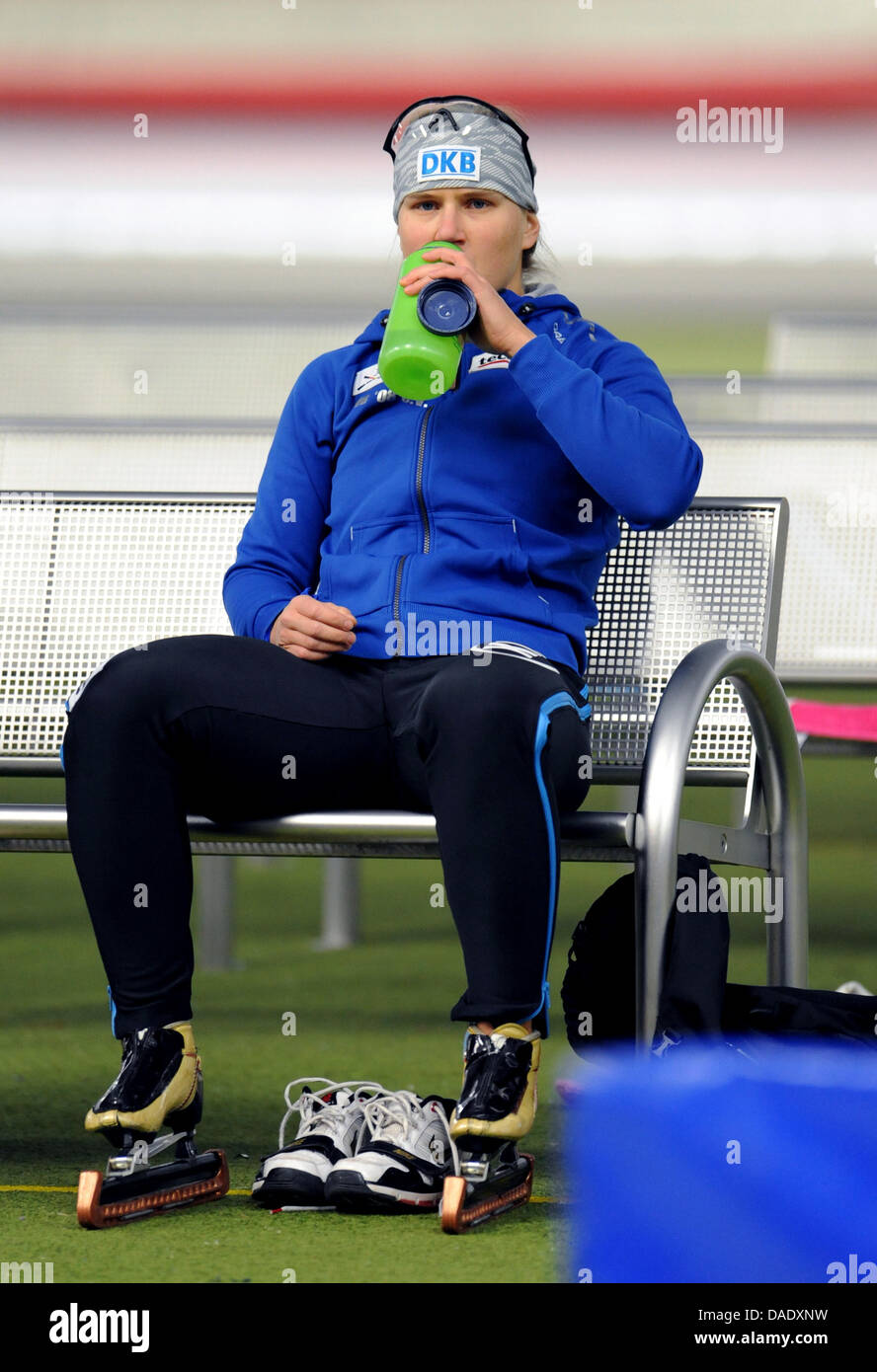 German speed skaters Jenny Wolf prepares before her first heat of the ...