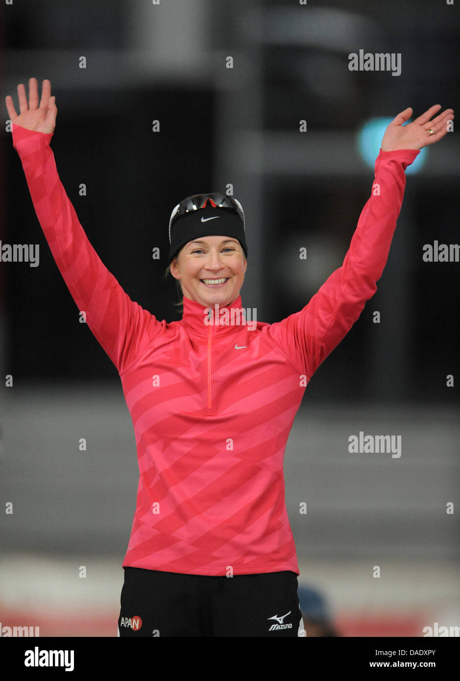 German speed skater Claudia Pechstein celebrates coming in first place ...