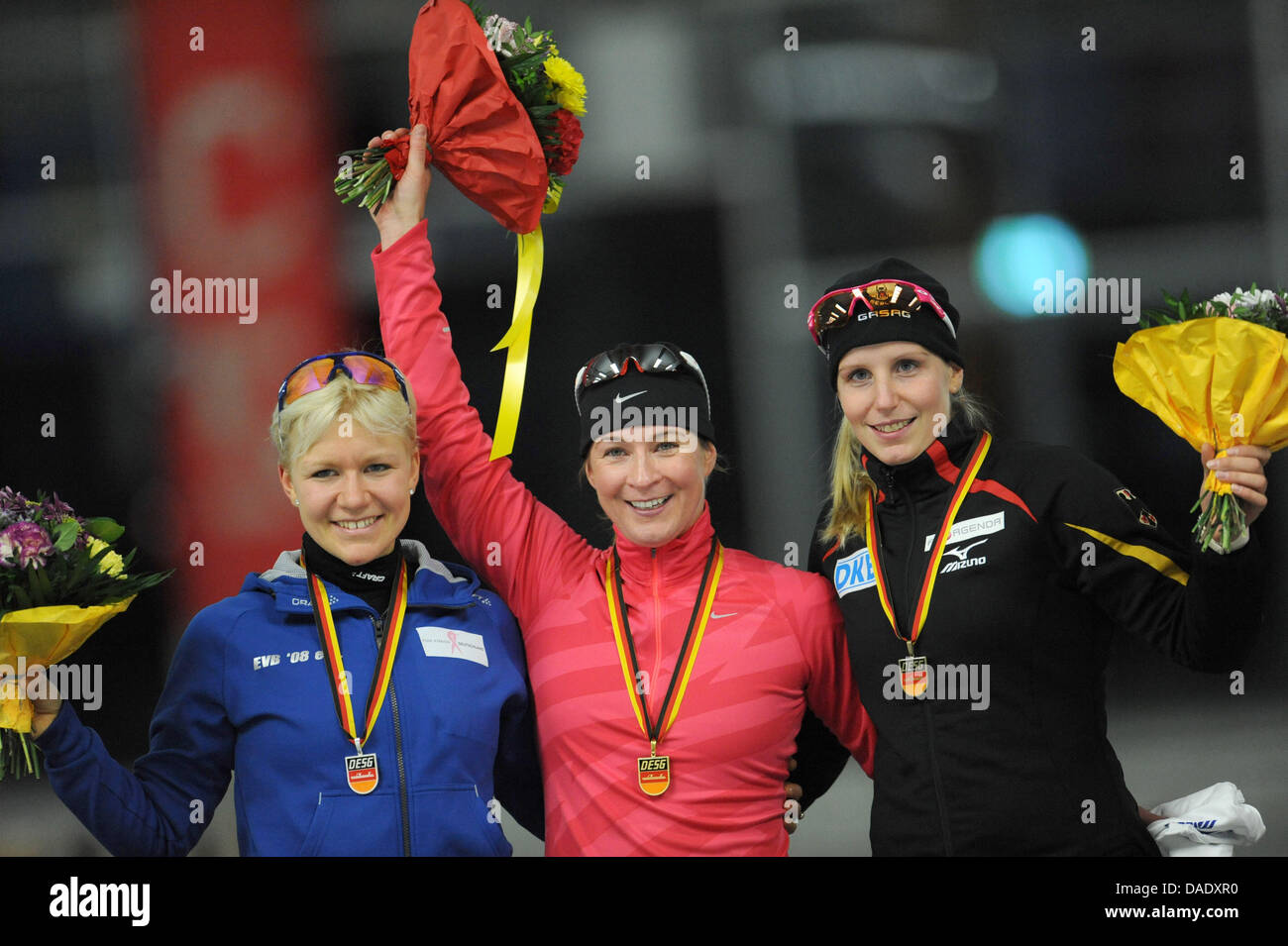 German speed skater Claudia Pechstein celebrates coming in first place ...