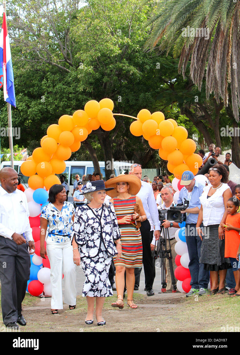Dutch Queen Beatrix (C) and Princess Maxima in Sint Eustatius, Dutch ...