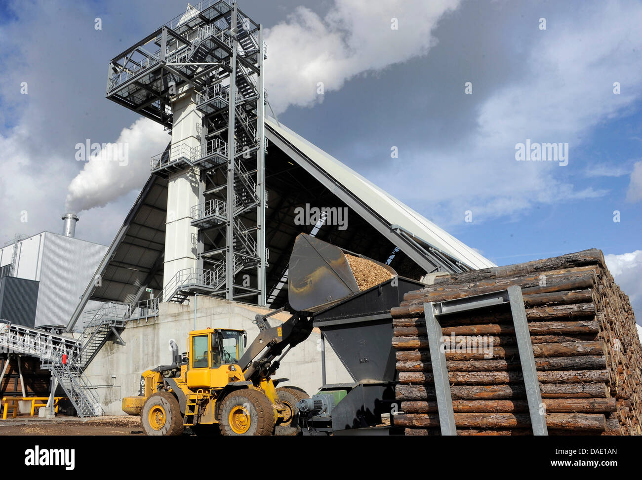 A wheel loader loads the wood chip factory of the Classen group in ...