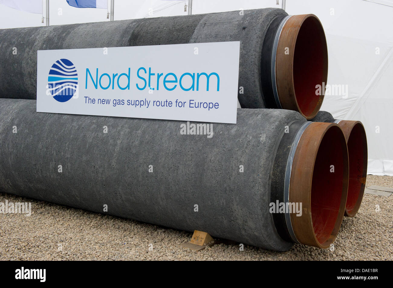 The logo of the company Nord Stream is seen on pipes in Lubmin near ...