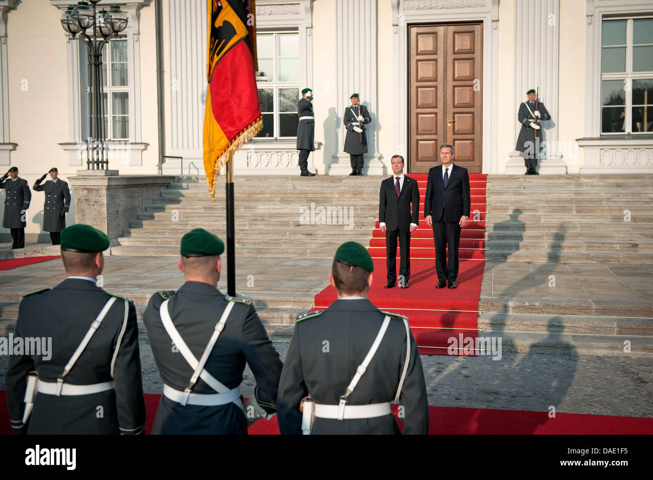 The Russian President Dmitry Medvedev (L) is welcomed with military ...