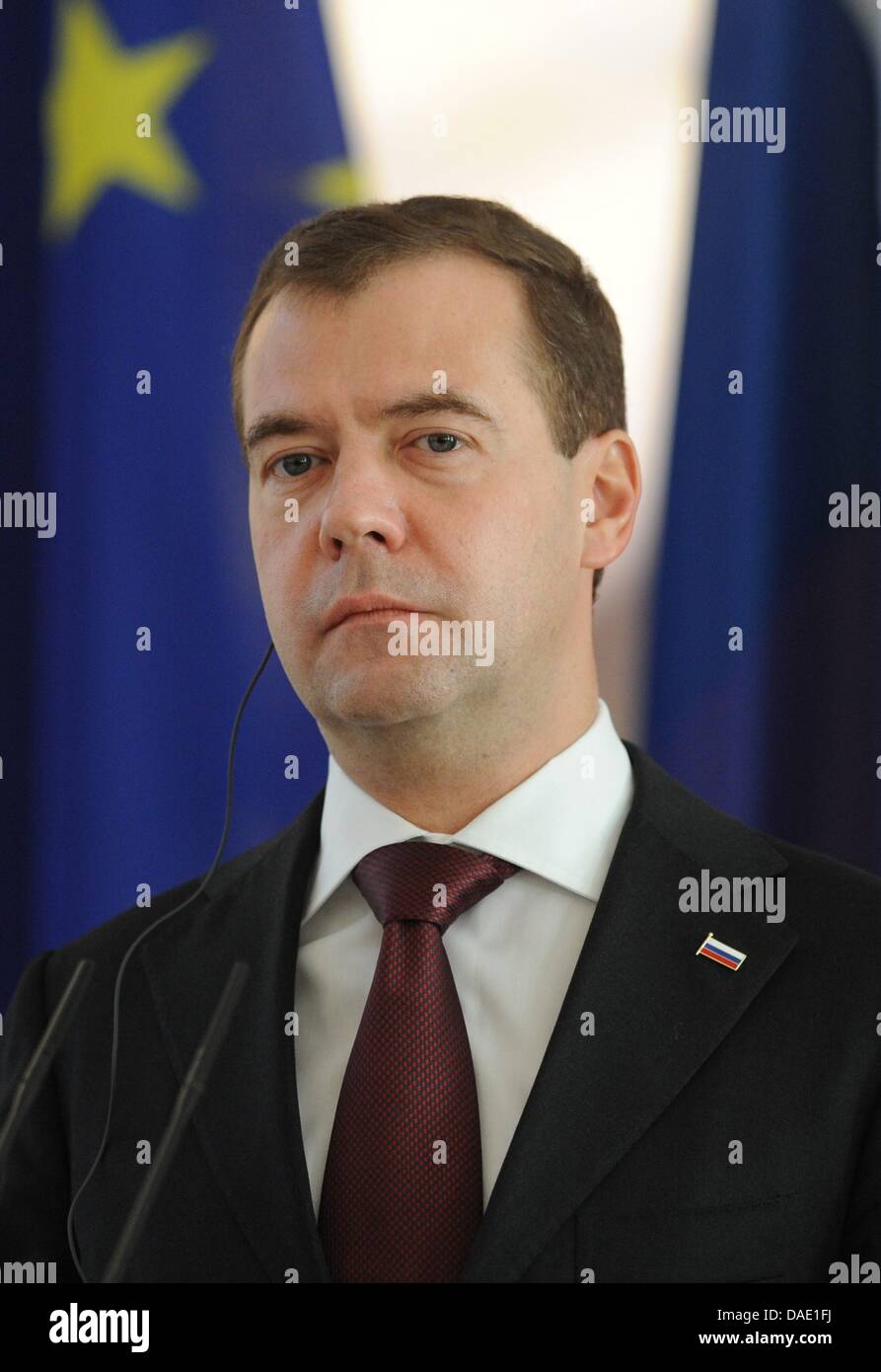 The Russian President Dmitry Medvedev speaks during a press conference ...