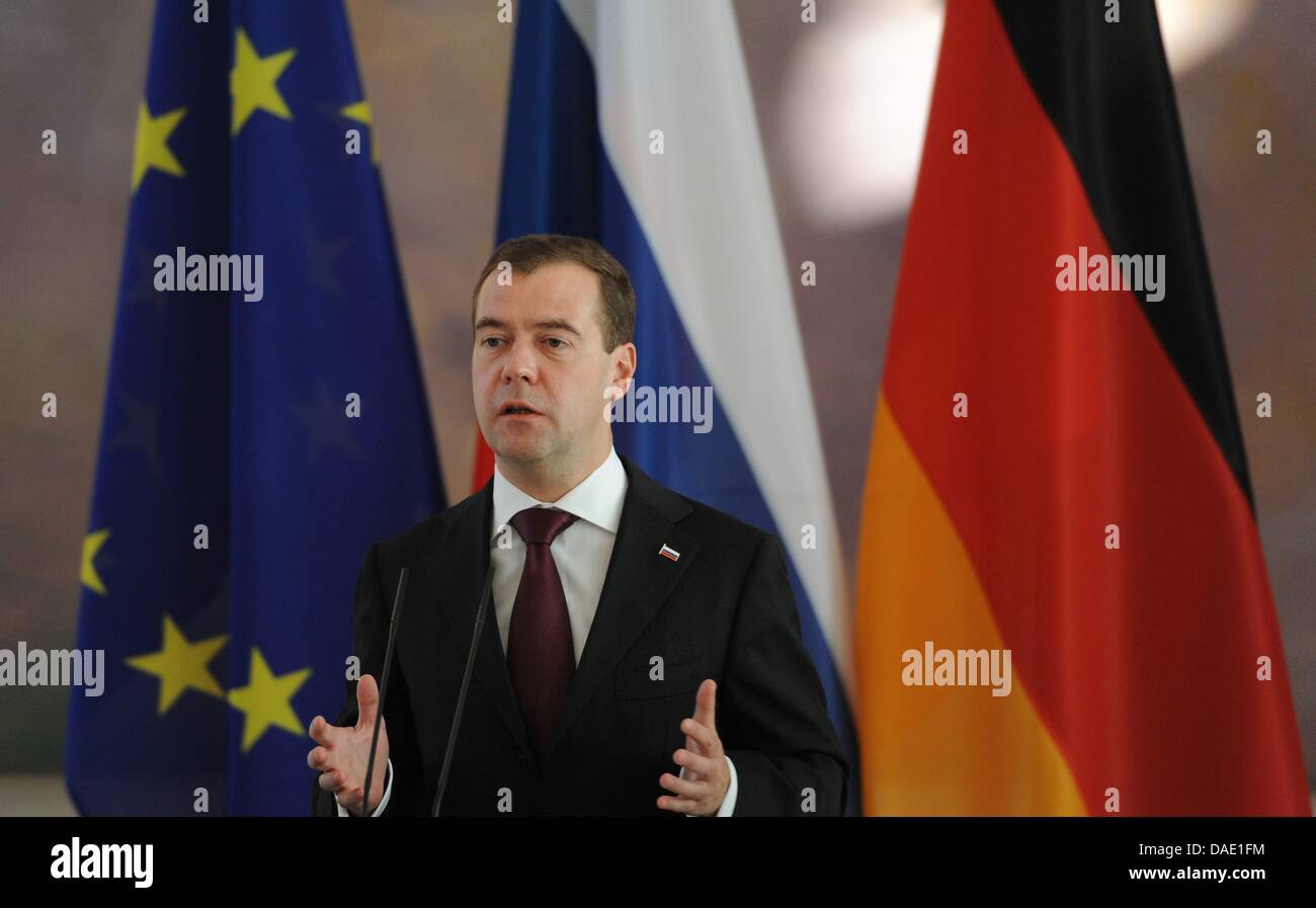 The Russian President Dmitry Medvedev speaks during a press conference ...
