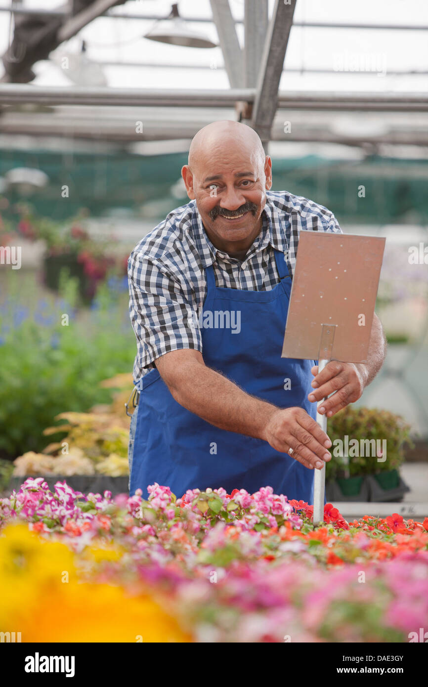 Mature gardener working in garden centre, smiling Stock Photo - Alamy