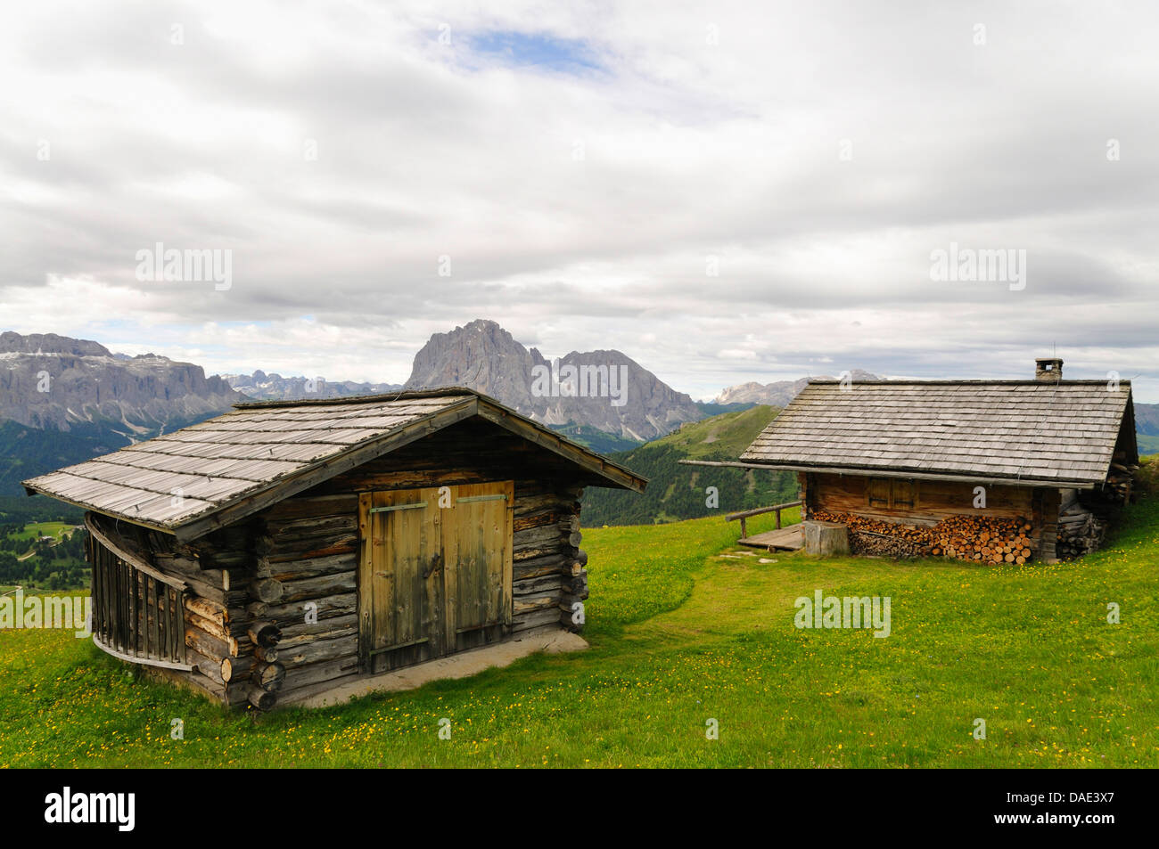 lots of alpine huts on mountain pasture in front of alpine panorama ...