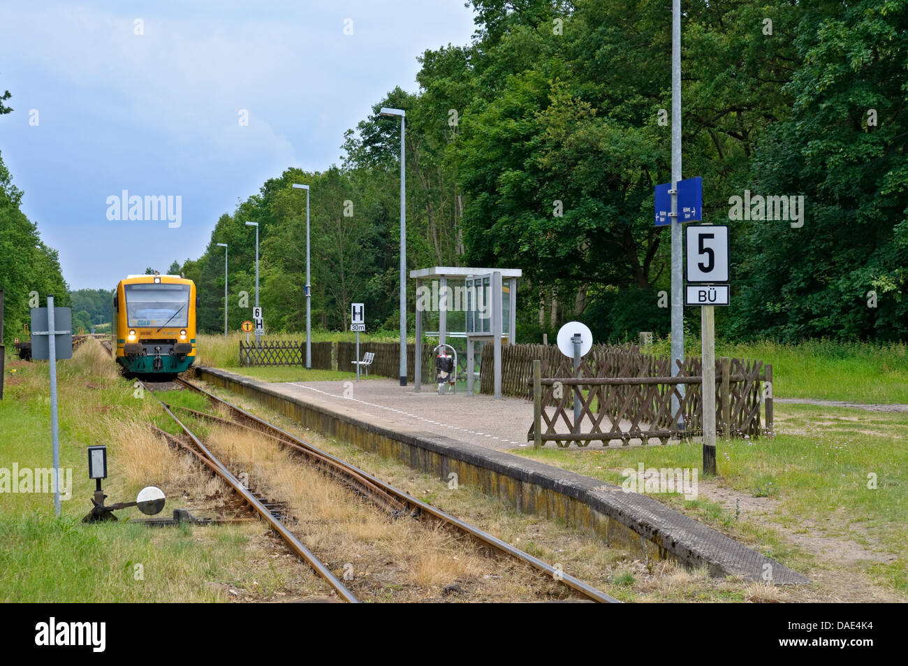 Remote railway station with train arriving, Mecklenburg, Germany Stock ...