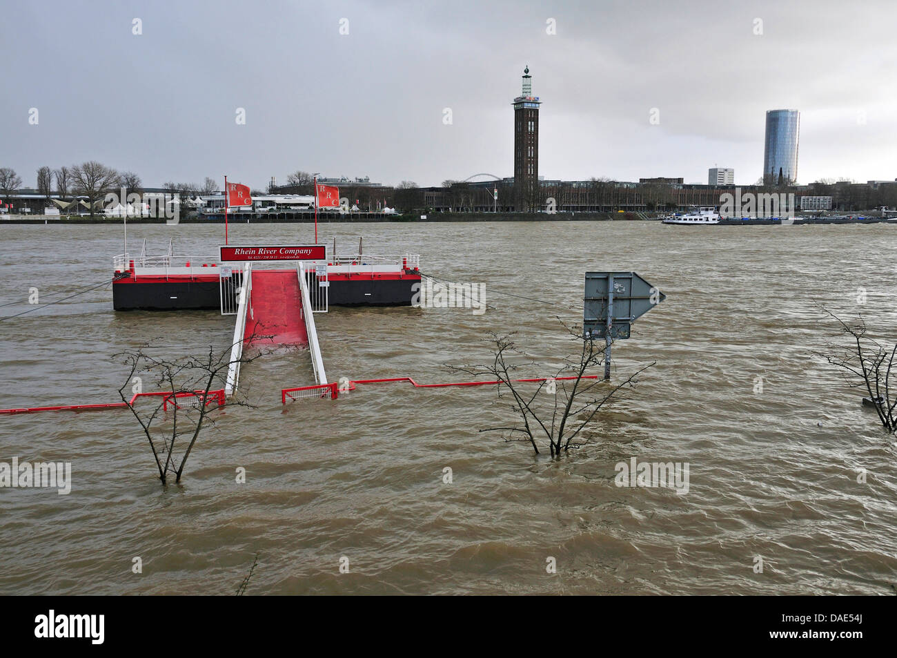 gangway on river Rhine at high watermark, Germany, North Rhine ...