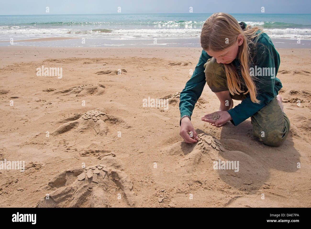 girl forming sea turtles at the beach in the sand, Italy, Sicilia Stock ...
