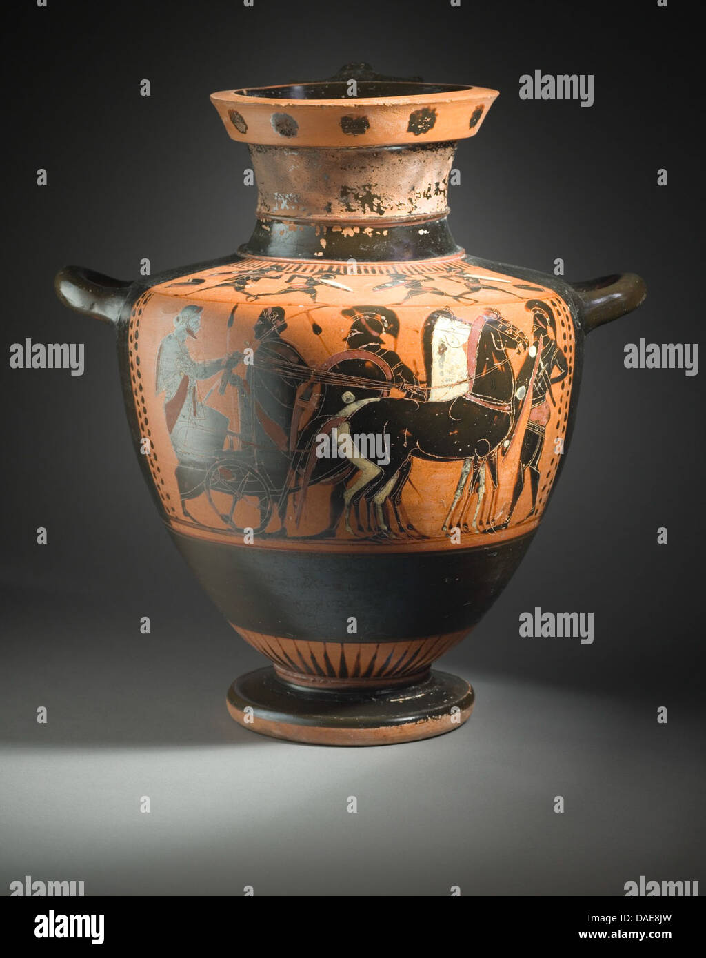 An ancient Greek black-figure hydria depicting a departure scene on the ...