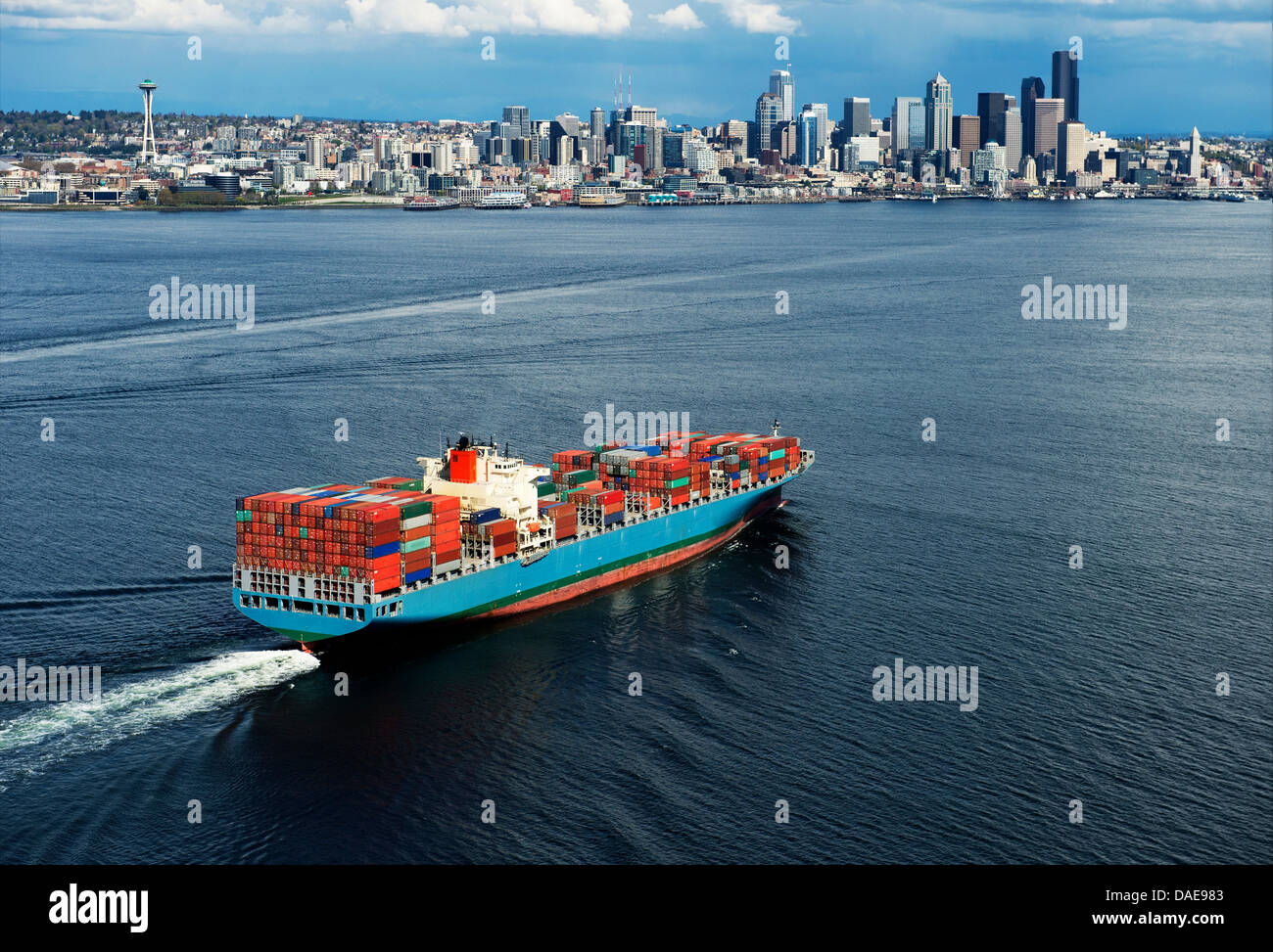 Aerial view of container ship, Seattle, Washington State, USA Stock ...