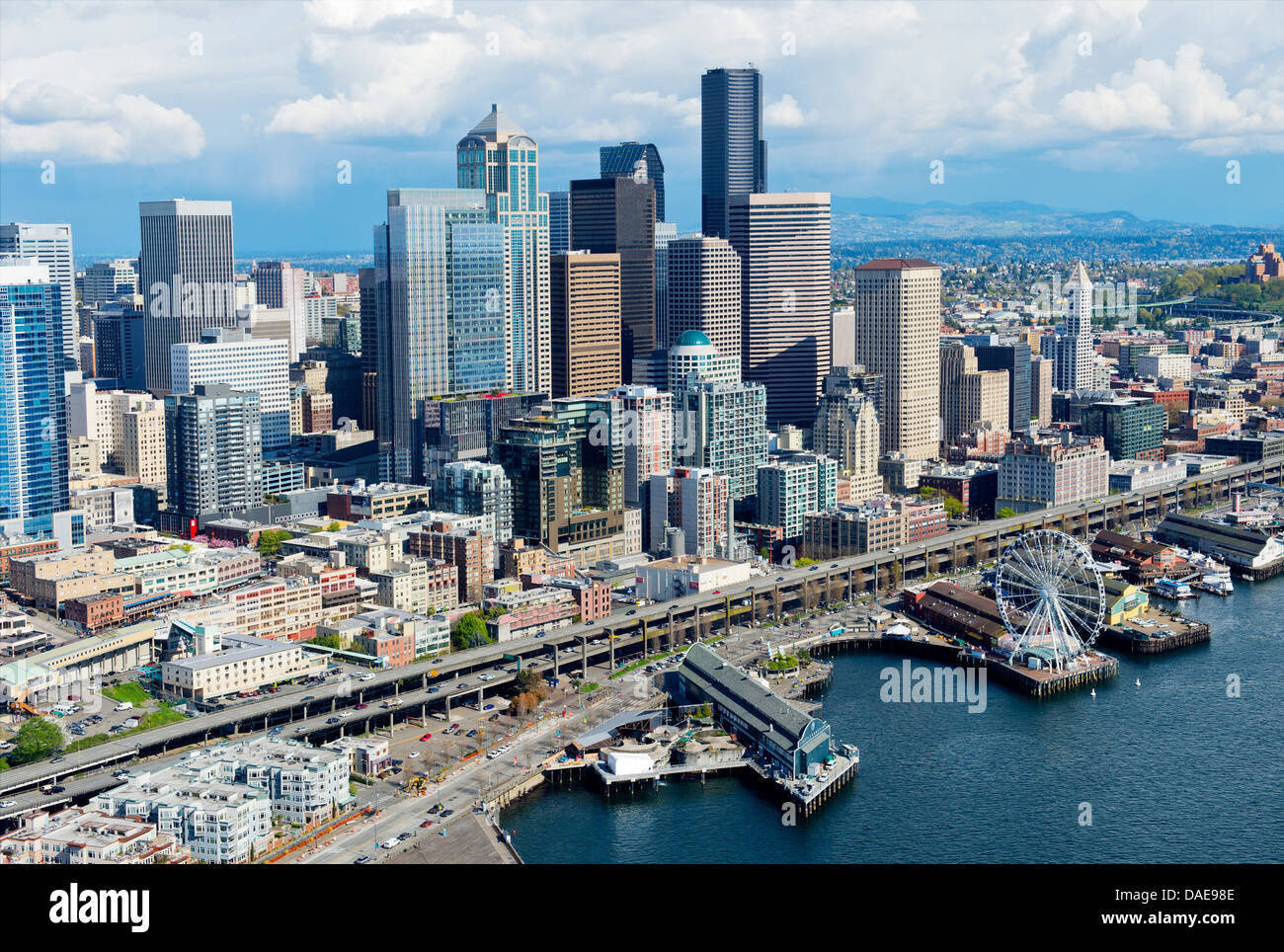 Aerial view of Seattle waterfront and ferris wheel, Washington State ...