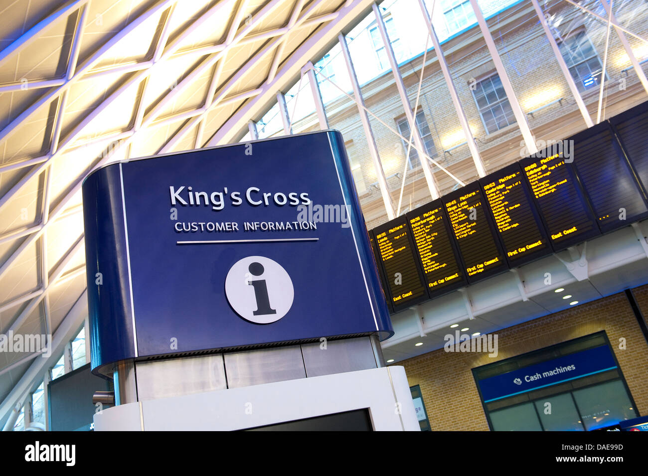 Passenger information point and departure board at Kings Cross Railway ...