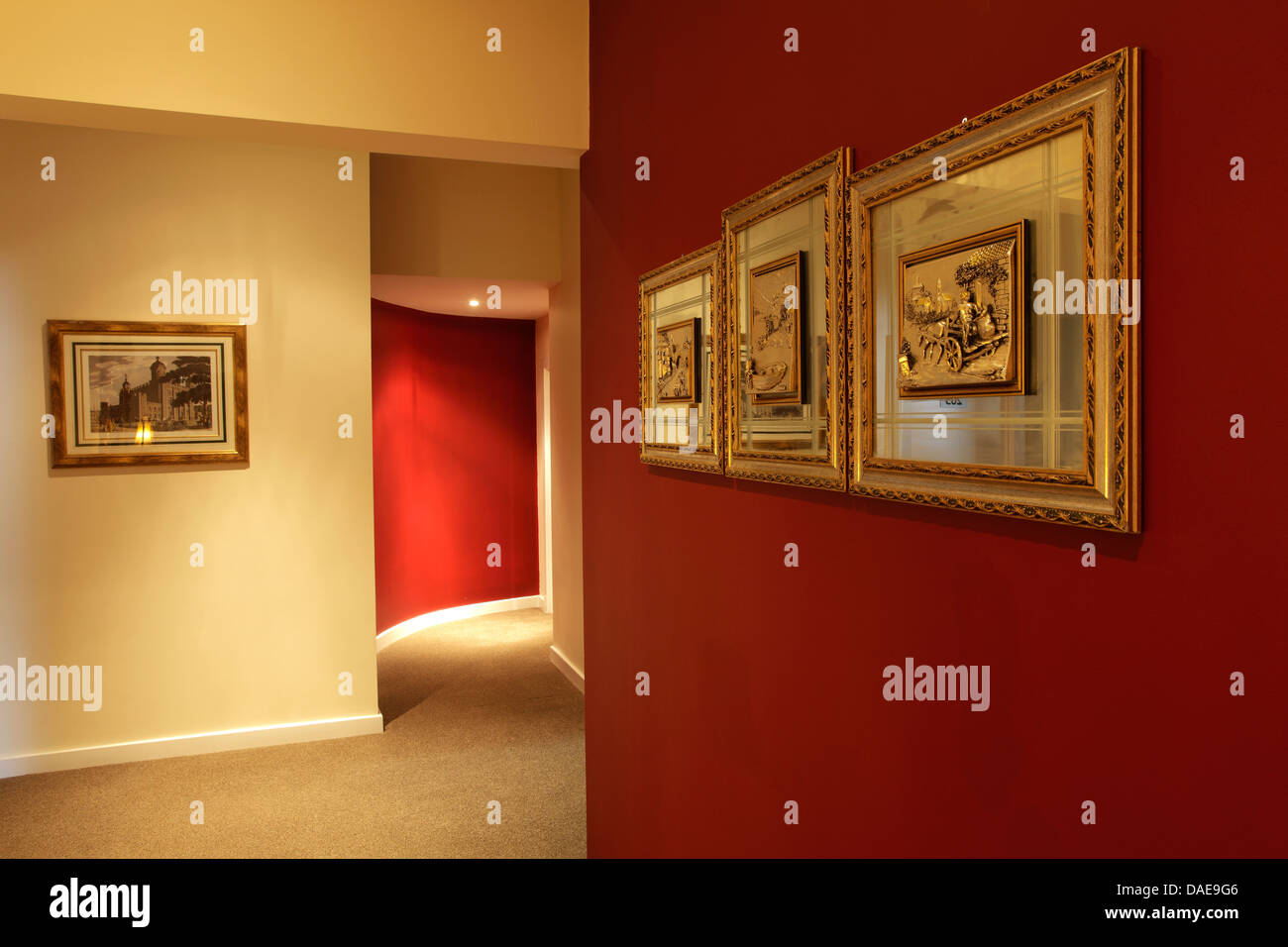 Interior of a Hotel corridor with ceiling lights, wall hangings ...