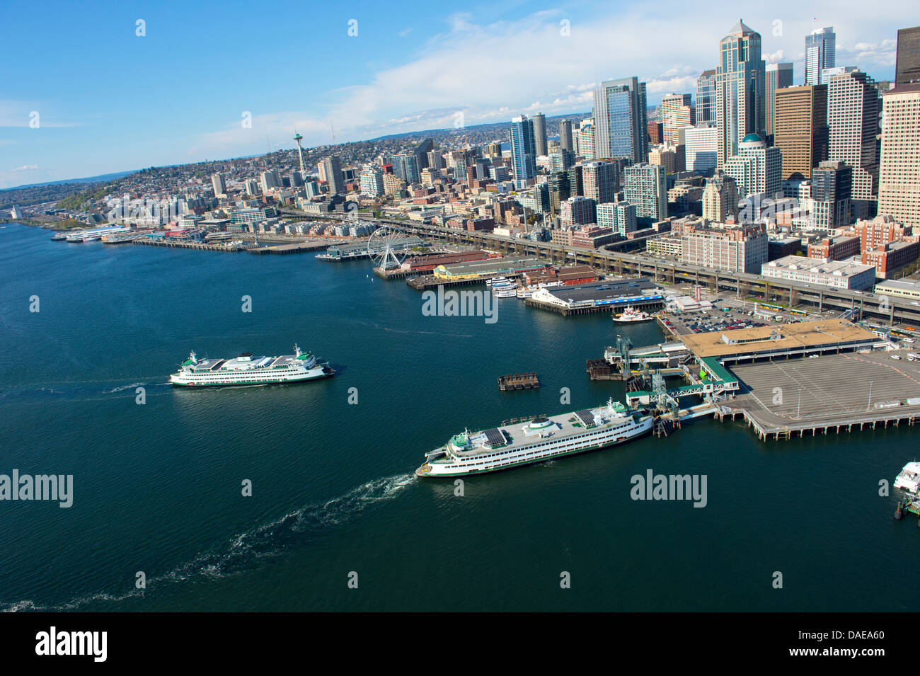 Aerial view of ferries and waterfront, Seattle, Washington State, USA ...
