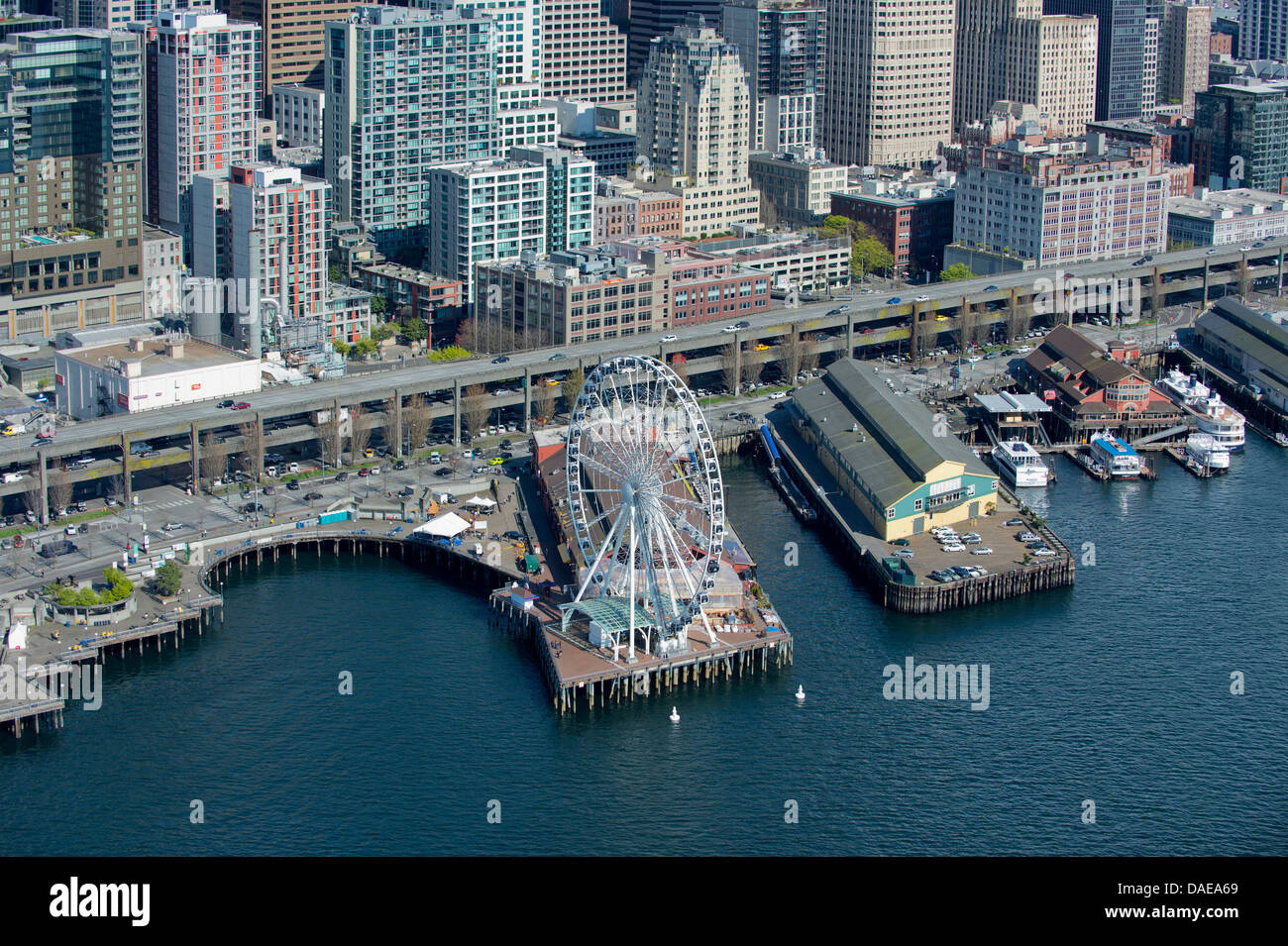 Aerial view of ferris wheel and waterfront, Seattle, Washington State ...