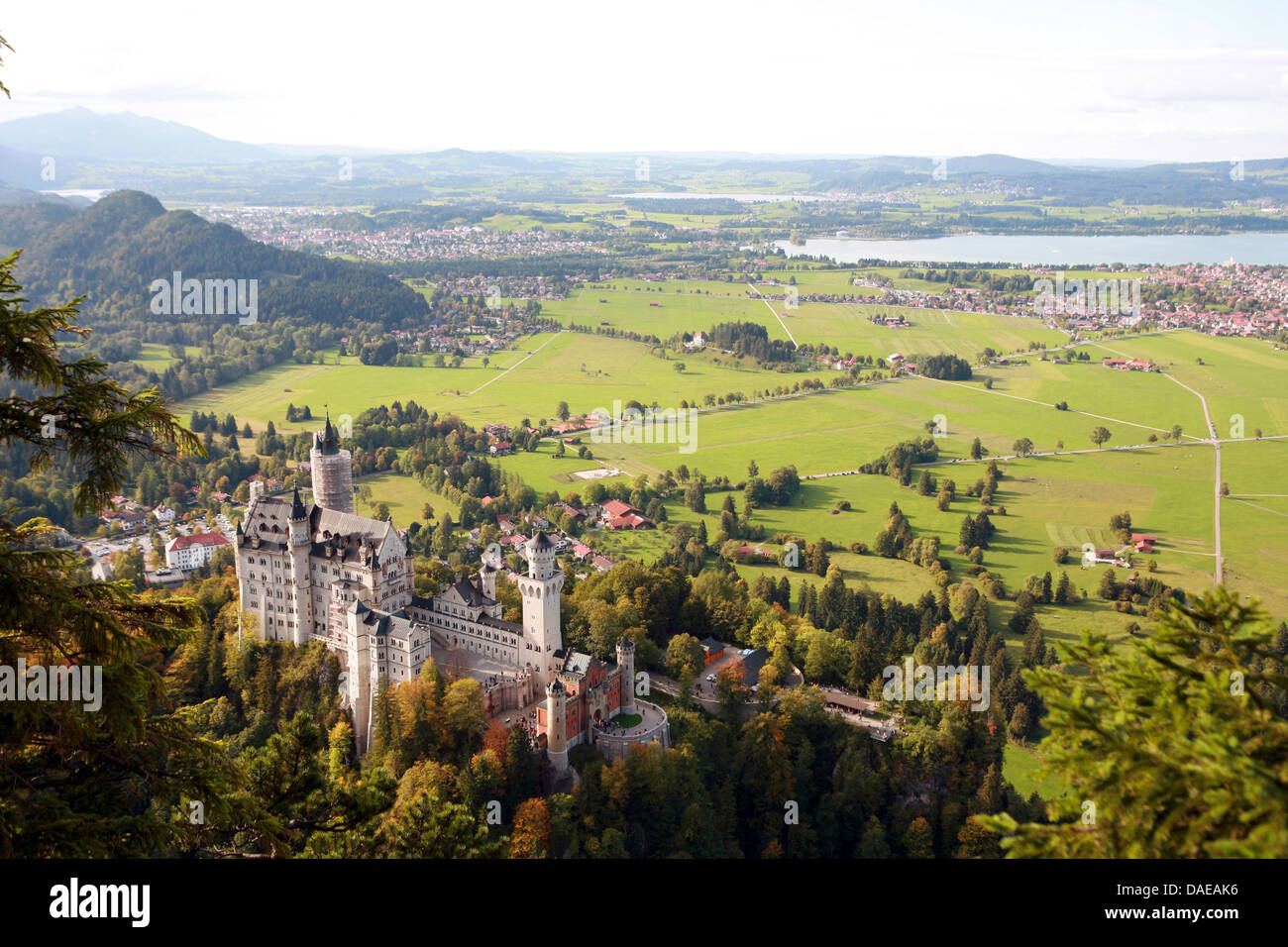 Neuschwanstein Castle, Forggensee and Fuessen in background, Germany ...