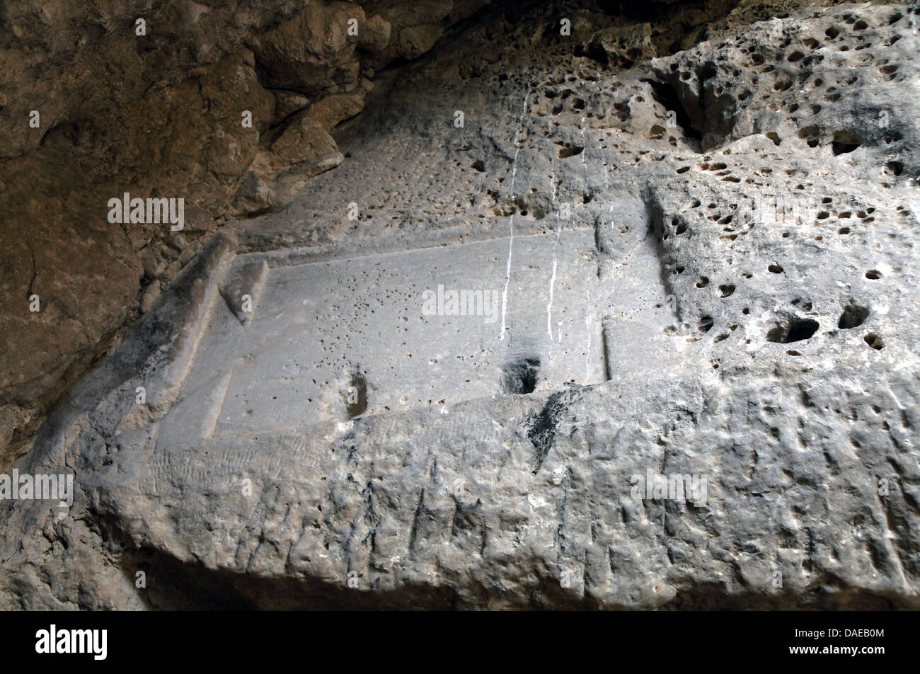 Plaque in cave of Duluk or Doliche, Gaziantep, South East Turkey Stock ...
