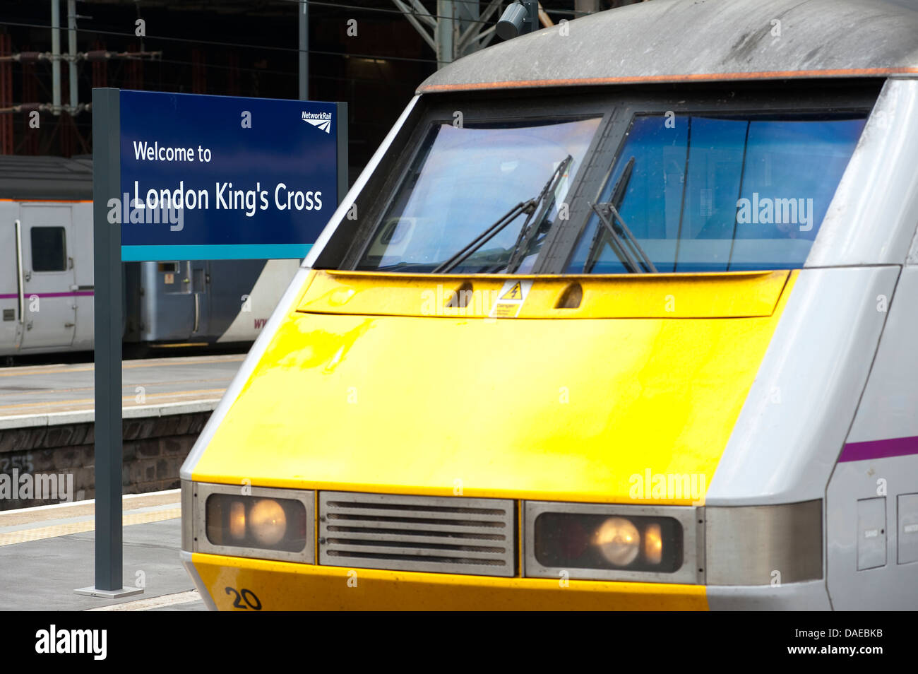 Close up of welcome sign and high speed train at Kings Cross Railway ...