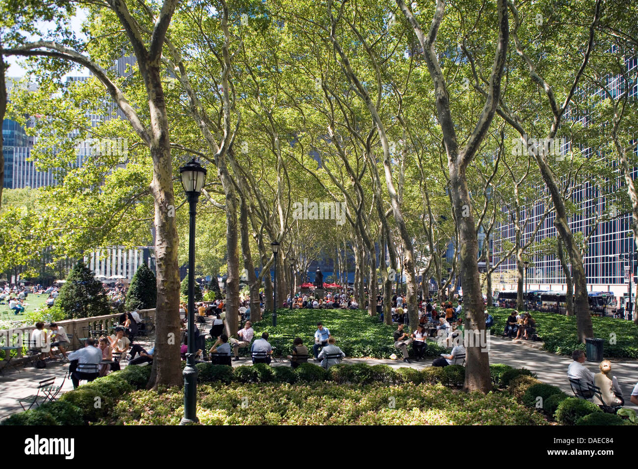 PEOPLE SEATED UNDER SHADE TREES BRYANT PARK MIDTOWN MANHATTAN NEW YORK ...