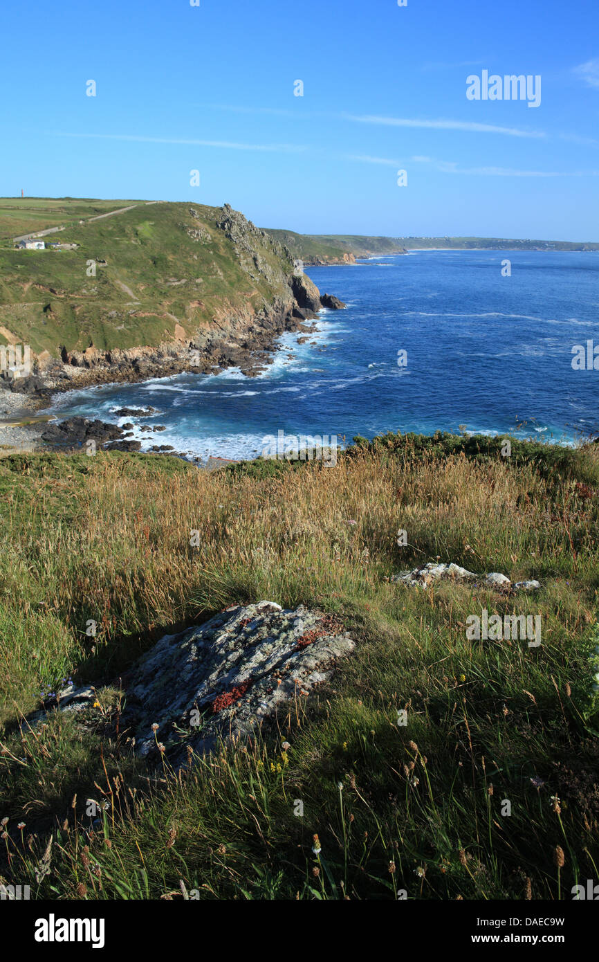 Summer view from Cape Cornwall towards Sennen Cove, Cornwall, England ...