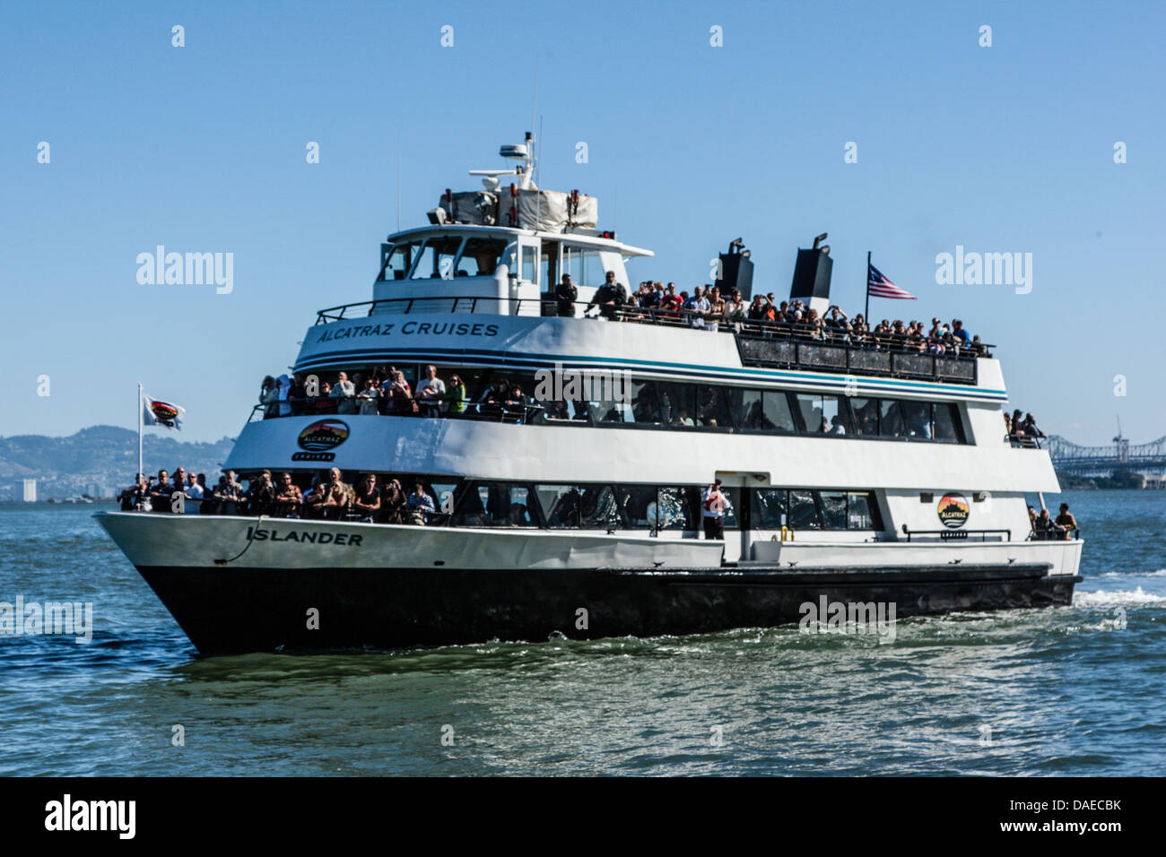 Passenger boat taking people to Alcatraz prison on the island near San ...