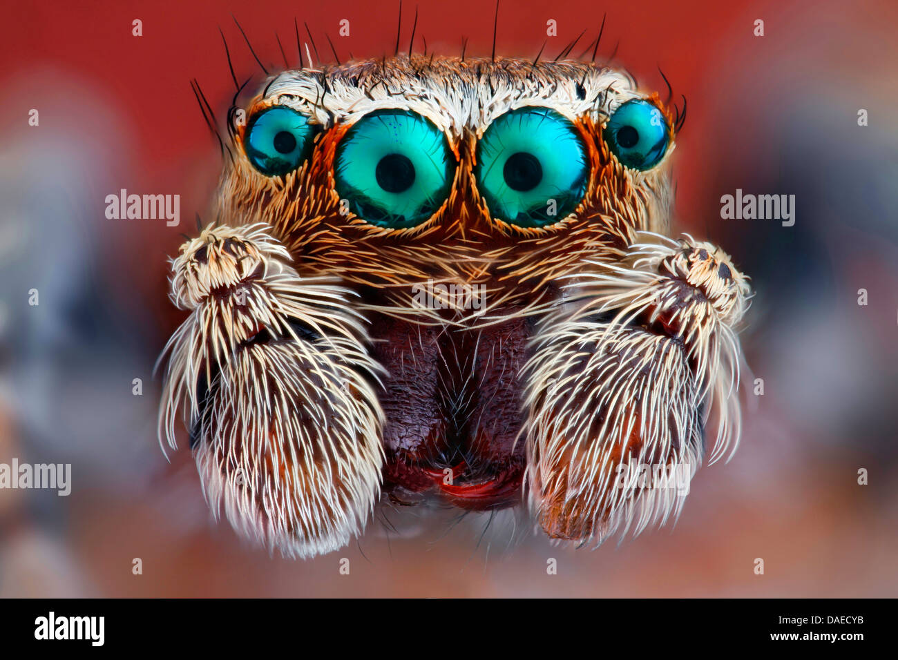 jumping spider (Salticidae), portrait of a jumping spider, Germany ...