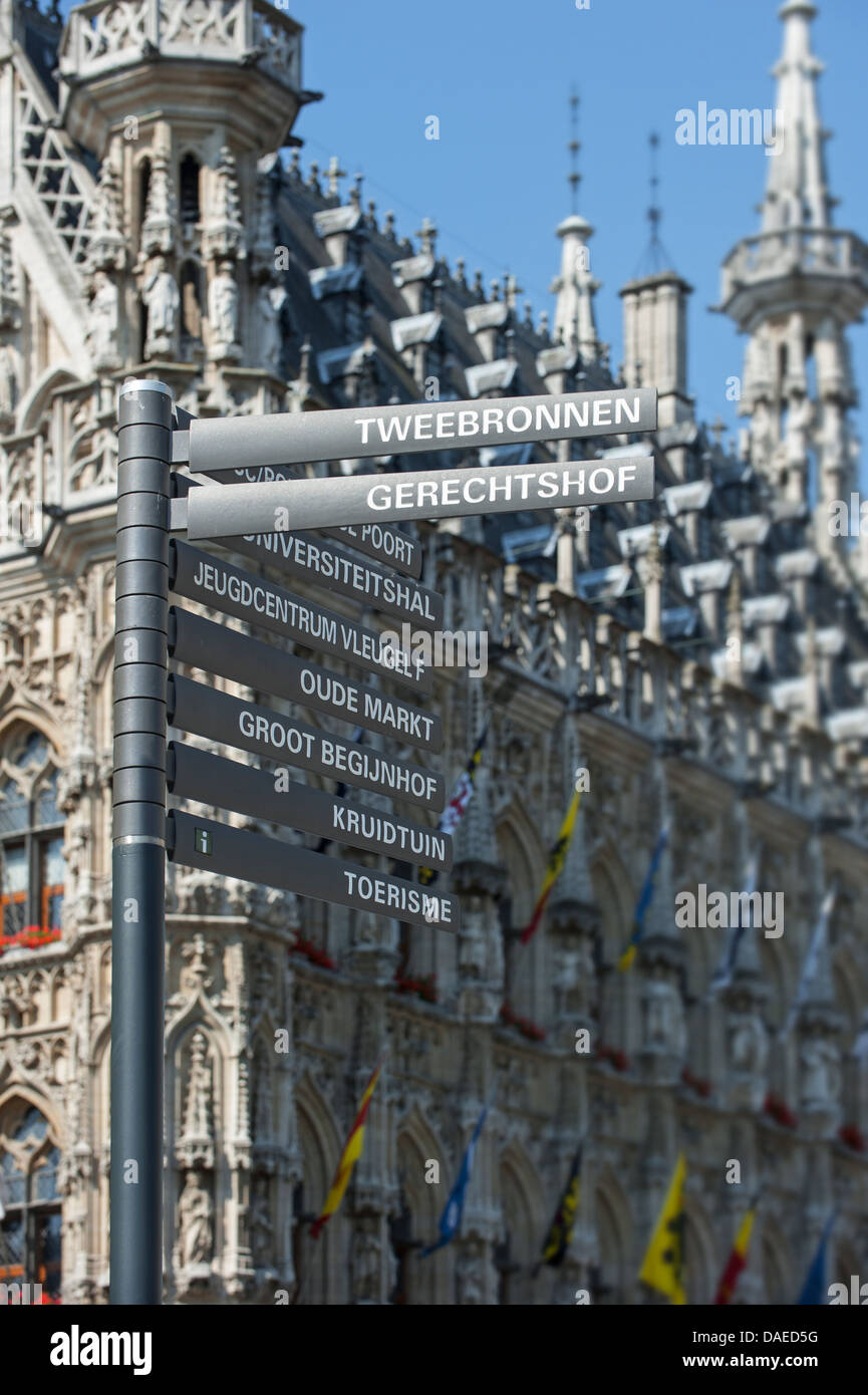 Signpost in front of the Gothic town hall at the Grote Markt / Main ...