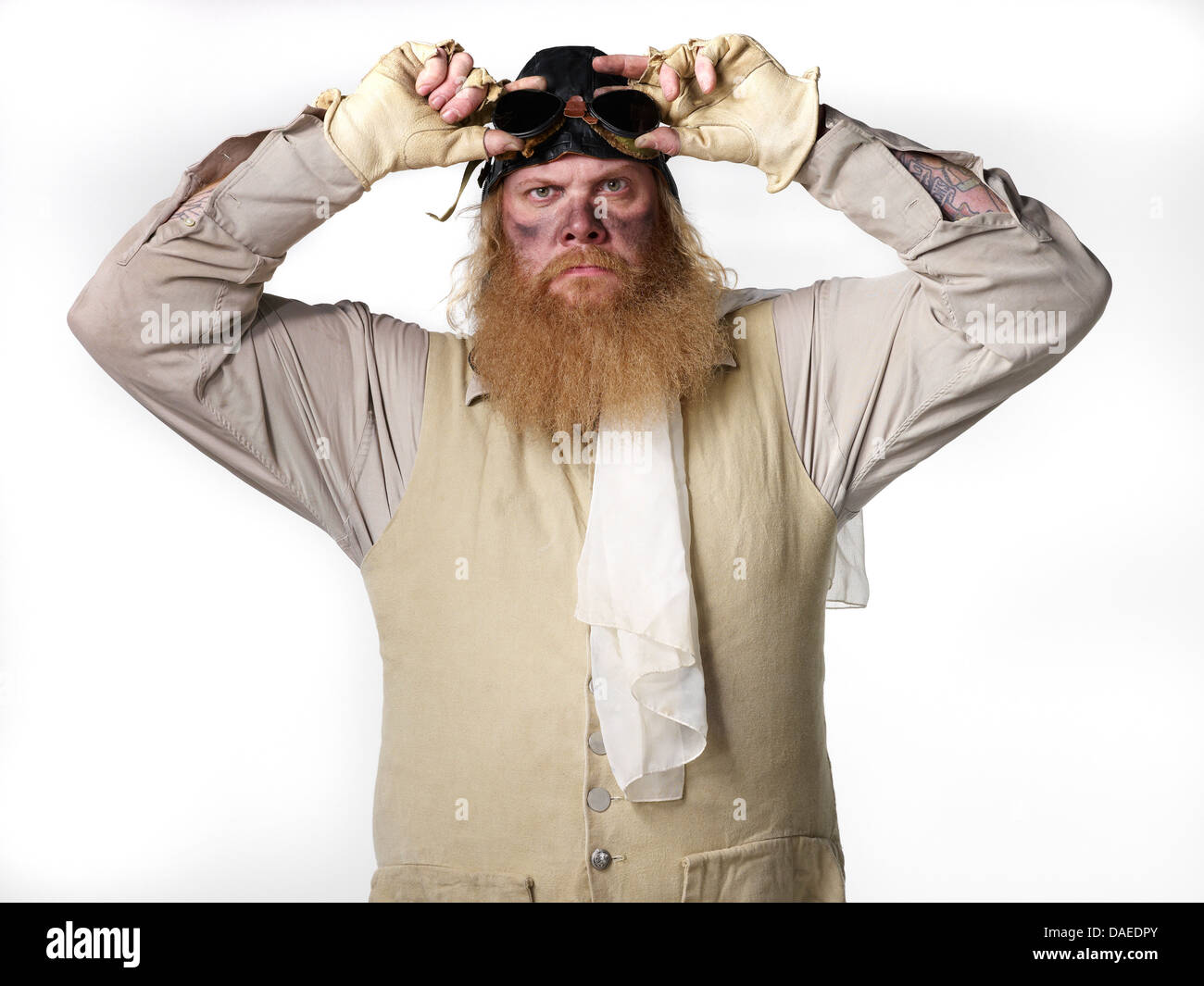 Old-Fashioned Male Aviato With Hands Touching Goggles, Portrait Stock ...