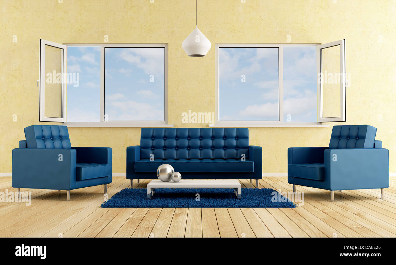 Modern living-room with blue sofa and armchairs-rendering Stock Photo ...