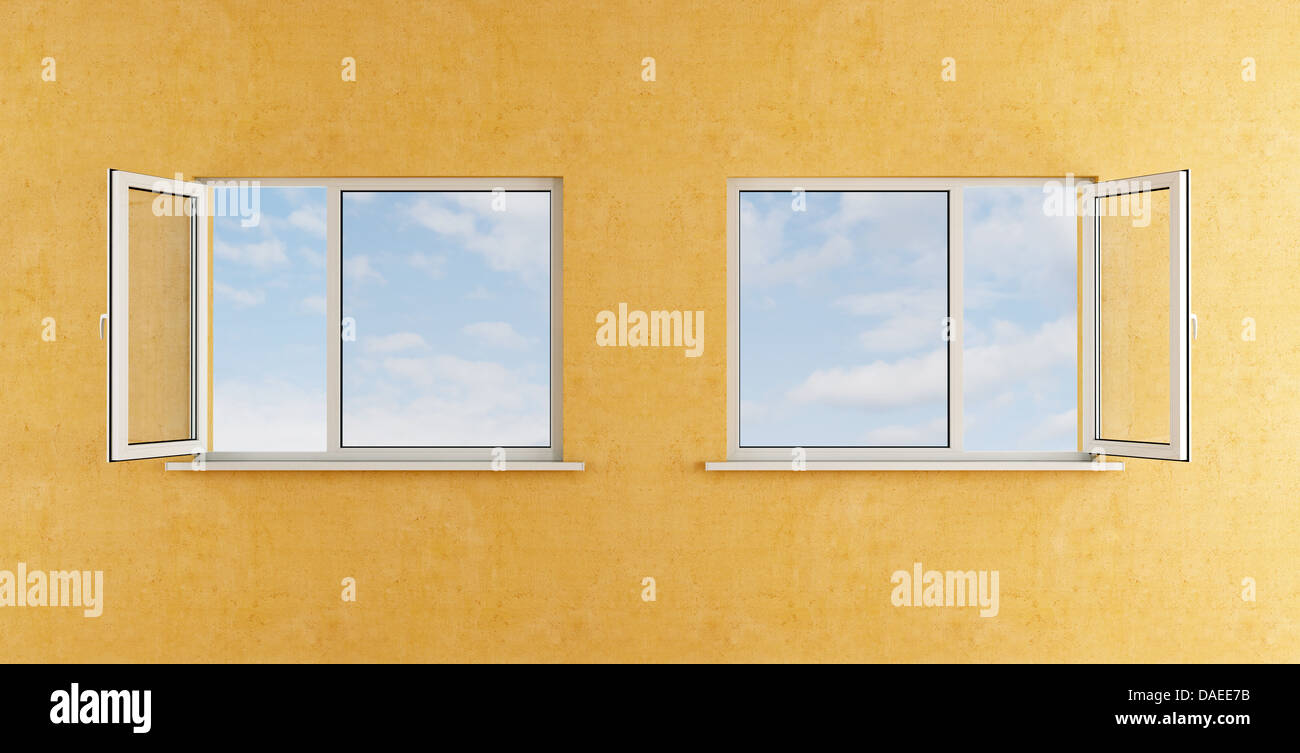 two white windows opening to the blue sky- rendering Stock Photo - Alamy