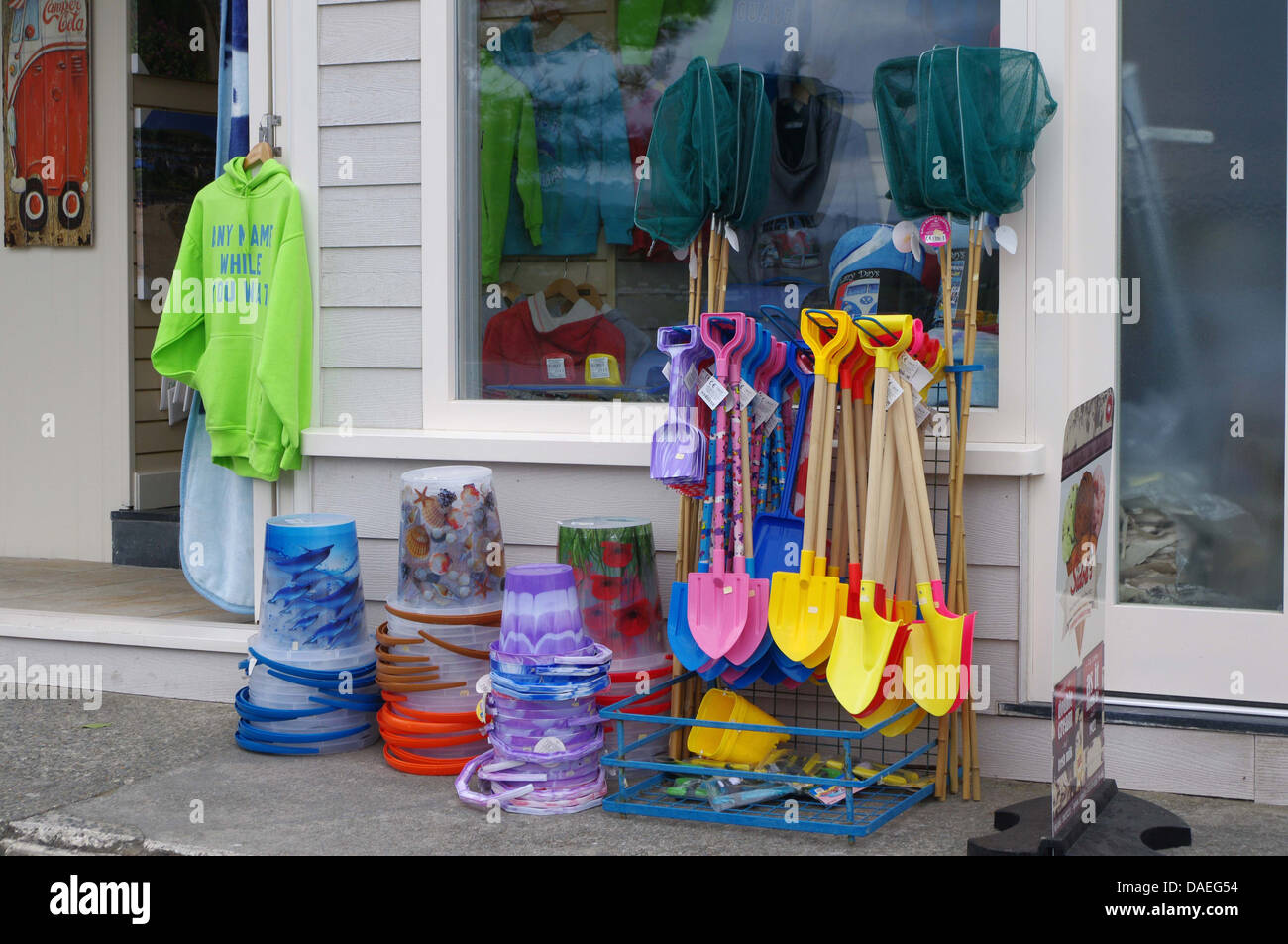 Seaside shop selling buckets, spades and nets in Newquay, Wales Stock ...