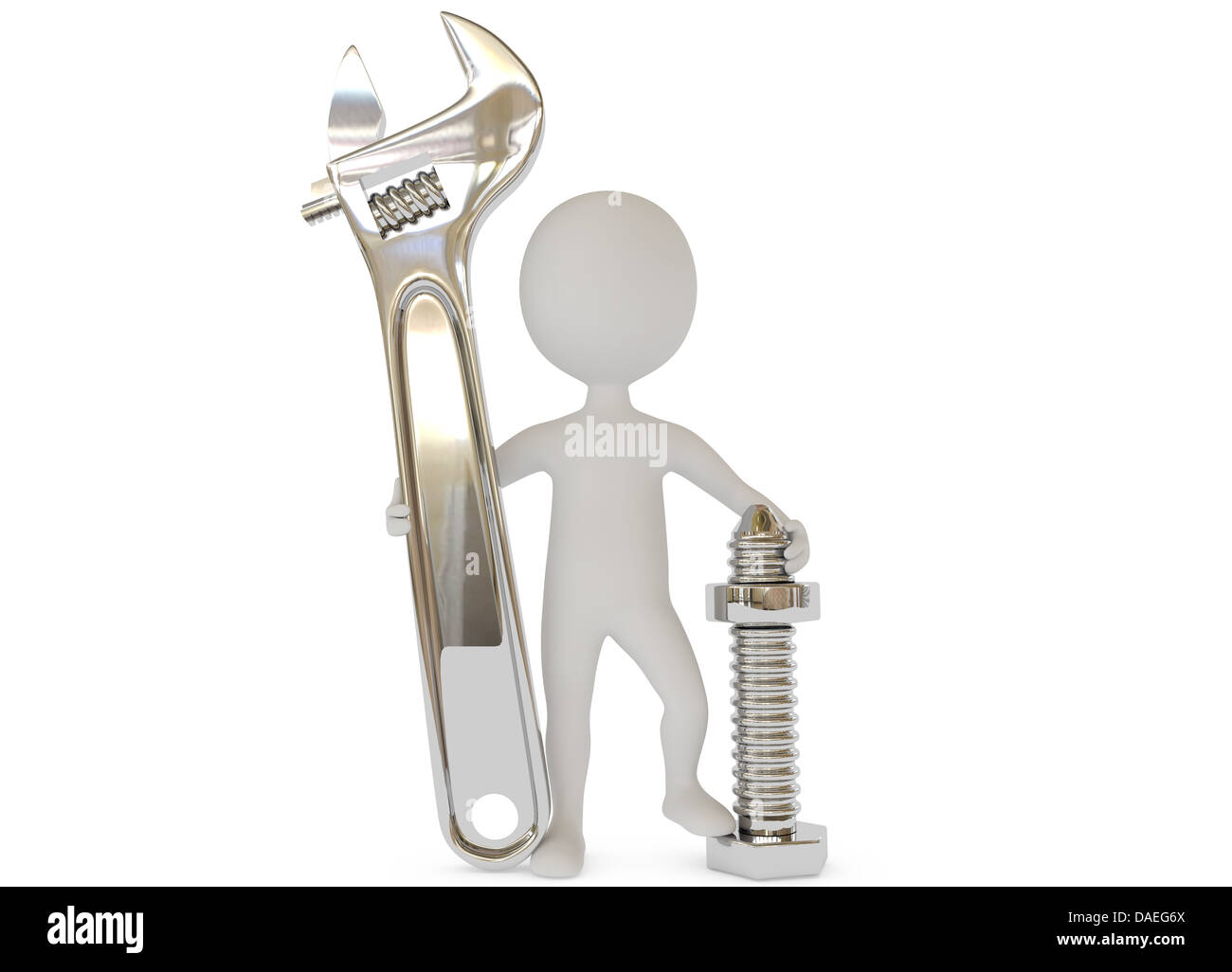 3d humanoid character with wrench tool and a screw Stock Photo - Alamy