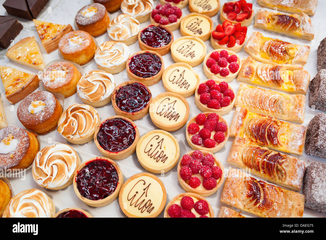 Assorted rustic tarts on a stall, UK Stock Photo - Alamy