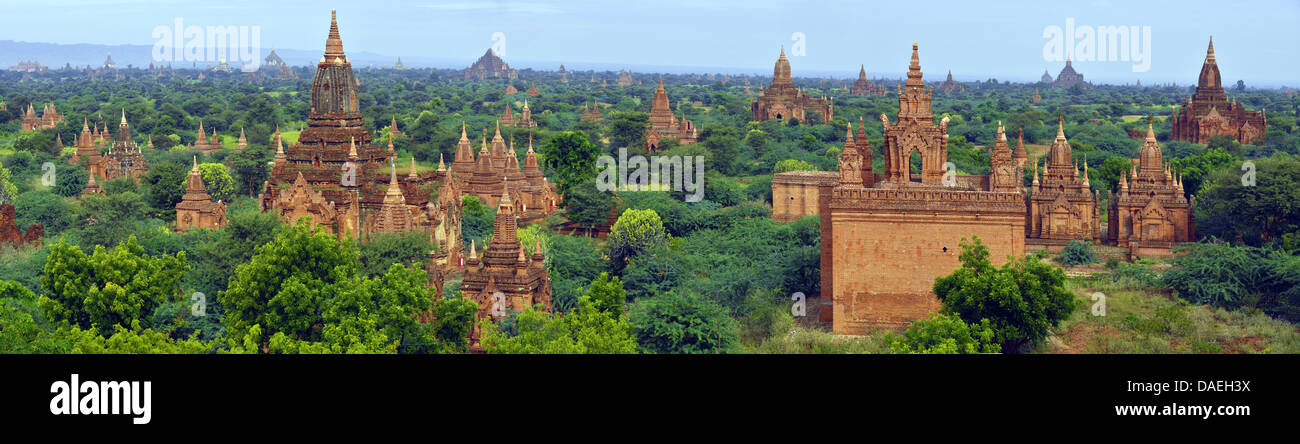panoramic view over Buddhistic temple complexes in the Bagan area, the ...
