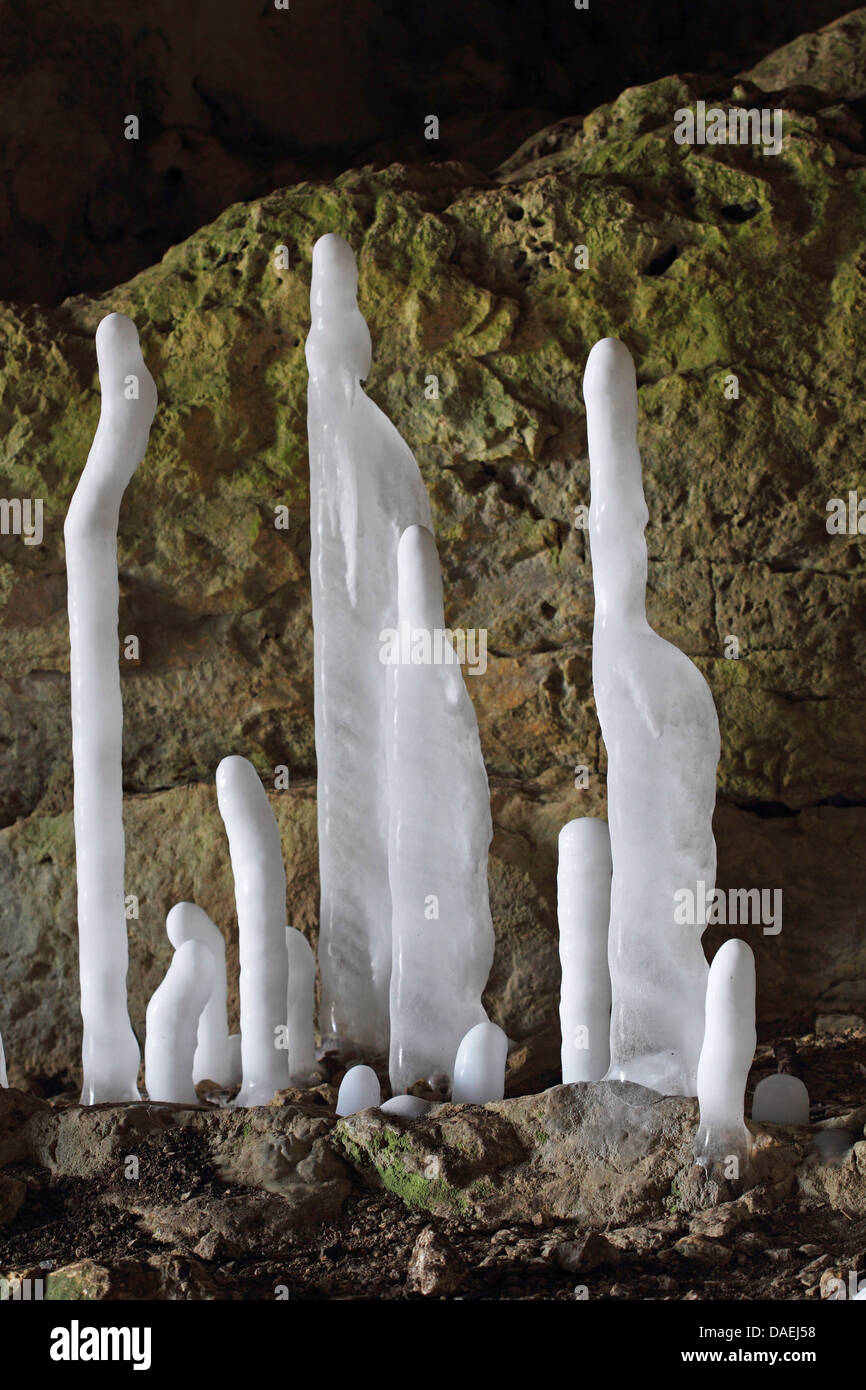 ice stalagmites in a cave, Germany, Baden-Wuerttemberg, Ostalb Stock ...