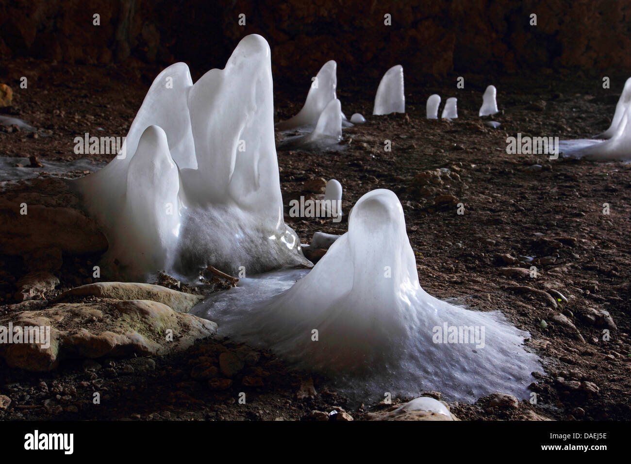 ice stalagmites in a cave, Germany, Baden-Wuerttemberg, Ostalb Stock ...