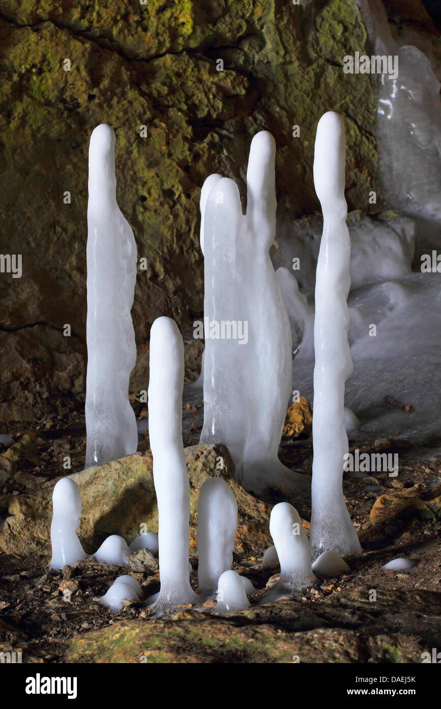 ice stalagmites in a cave, Germany, Baden-Wuerttemberg, Ostalb Stock ...
