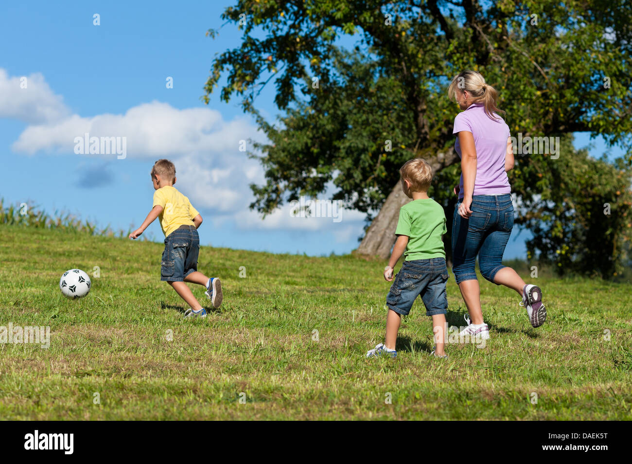 Happy family is playing soccer in summer in a beautiful landscape Stock ...