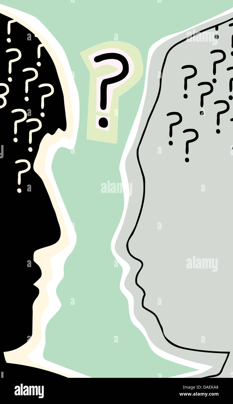 Profile views of human head with question marks Stock Photo - Alamy