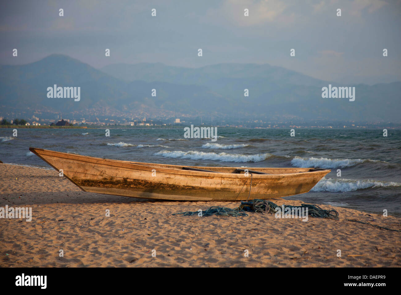 fishing boat lying at the beach of Lake Tanganyika, Burundi, Bujumbura ...