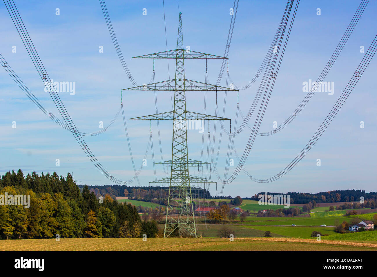 power pole in the pre-Alps 230 KV tension lines, Germany, Bavaria Stock ...