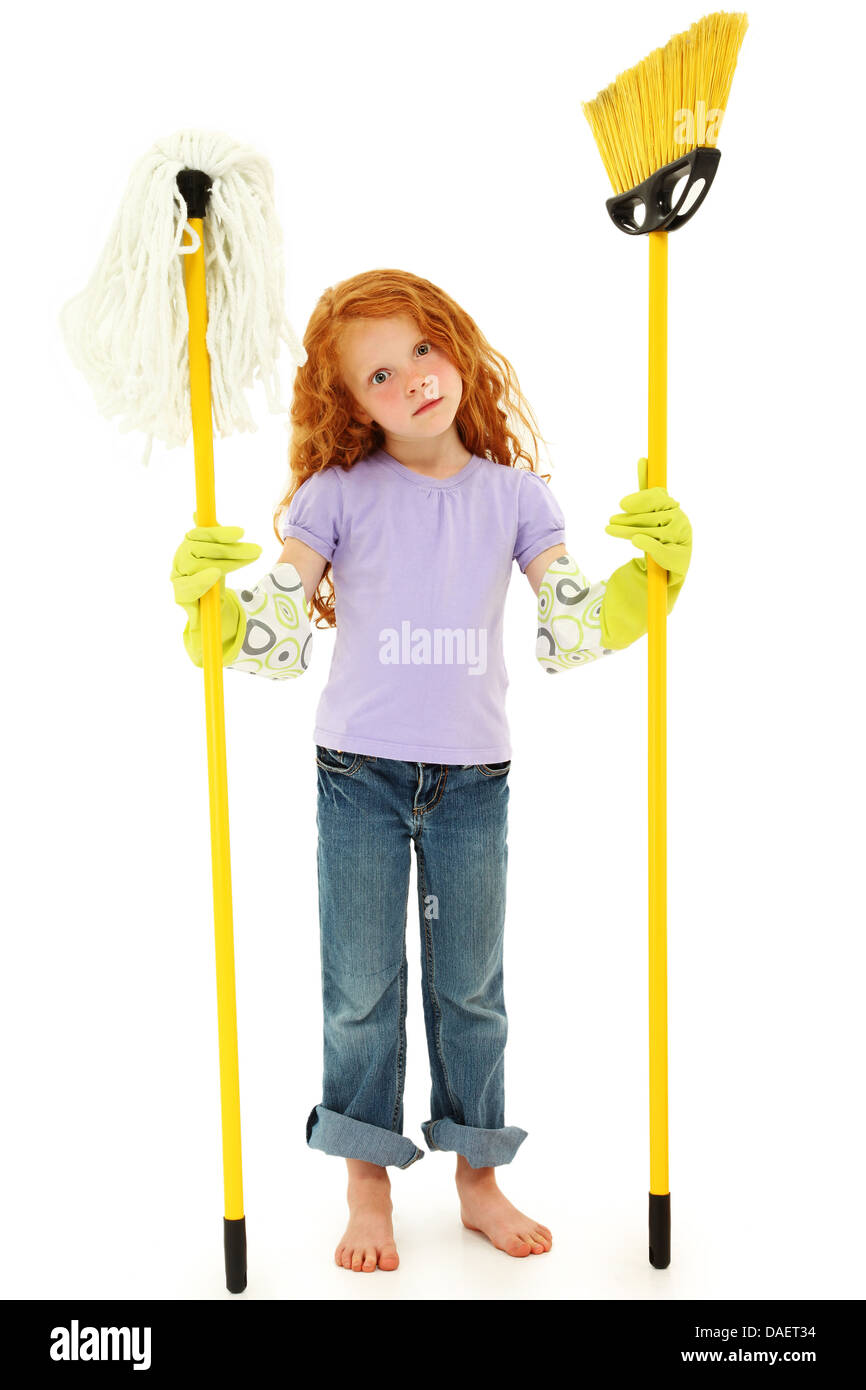 Adorable Redhead Girl Child with Mop and Broom barefoot Over White ...
