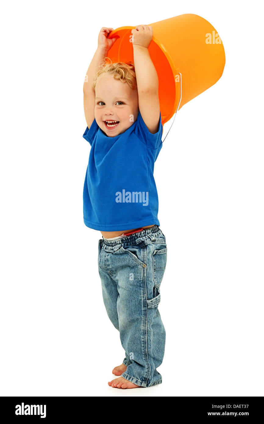 Adorable Happy Boy with Mop Bucket Over Head, barefoot on white Stock ...
