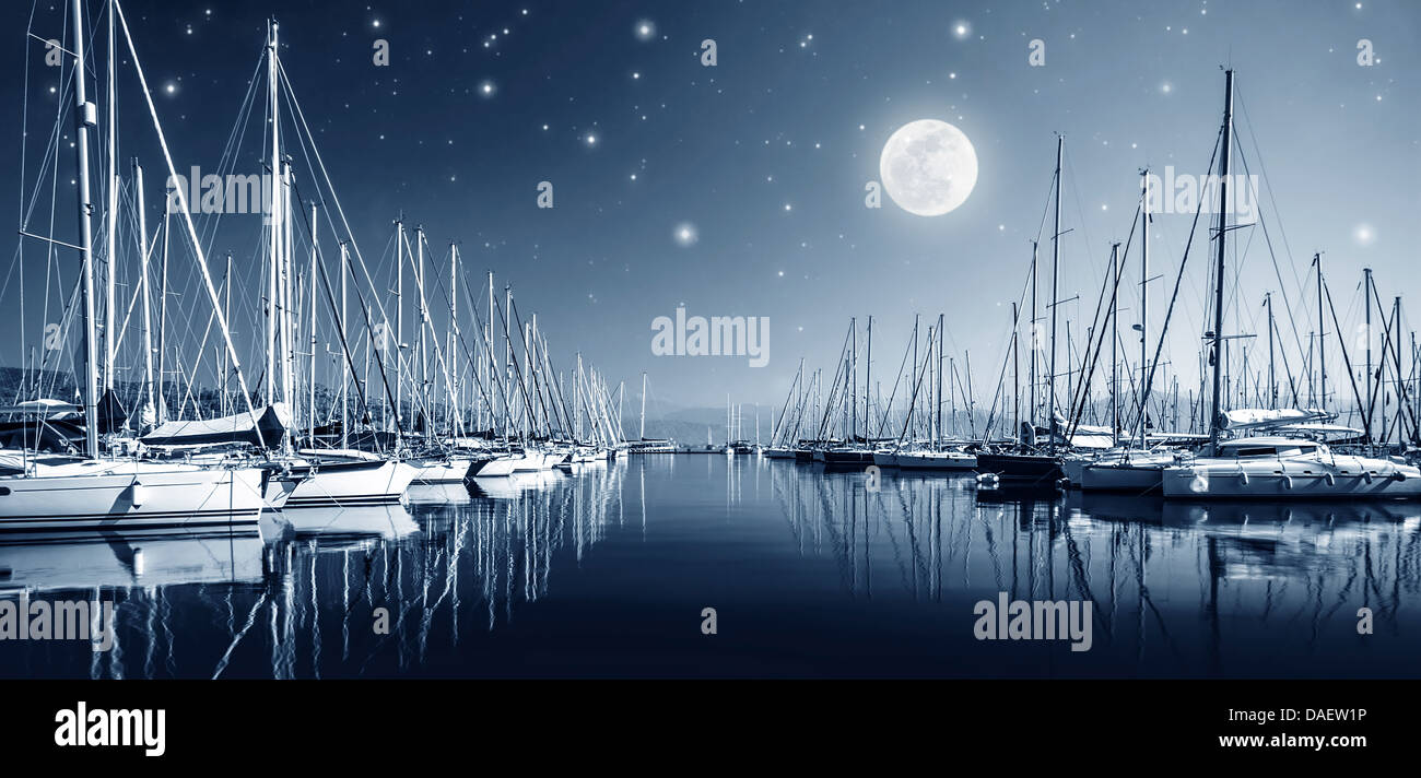 Beautiful landscape of yacht harbor at night, full moon, marina in ...