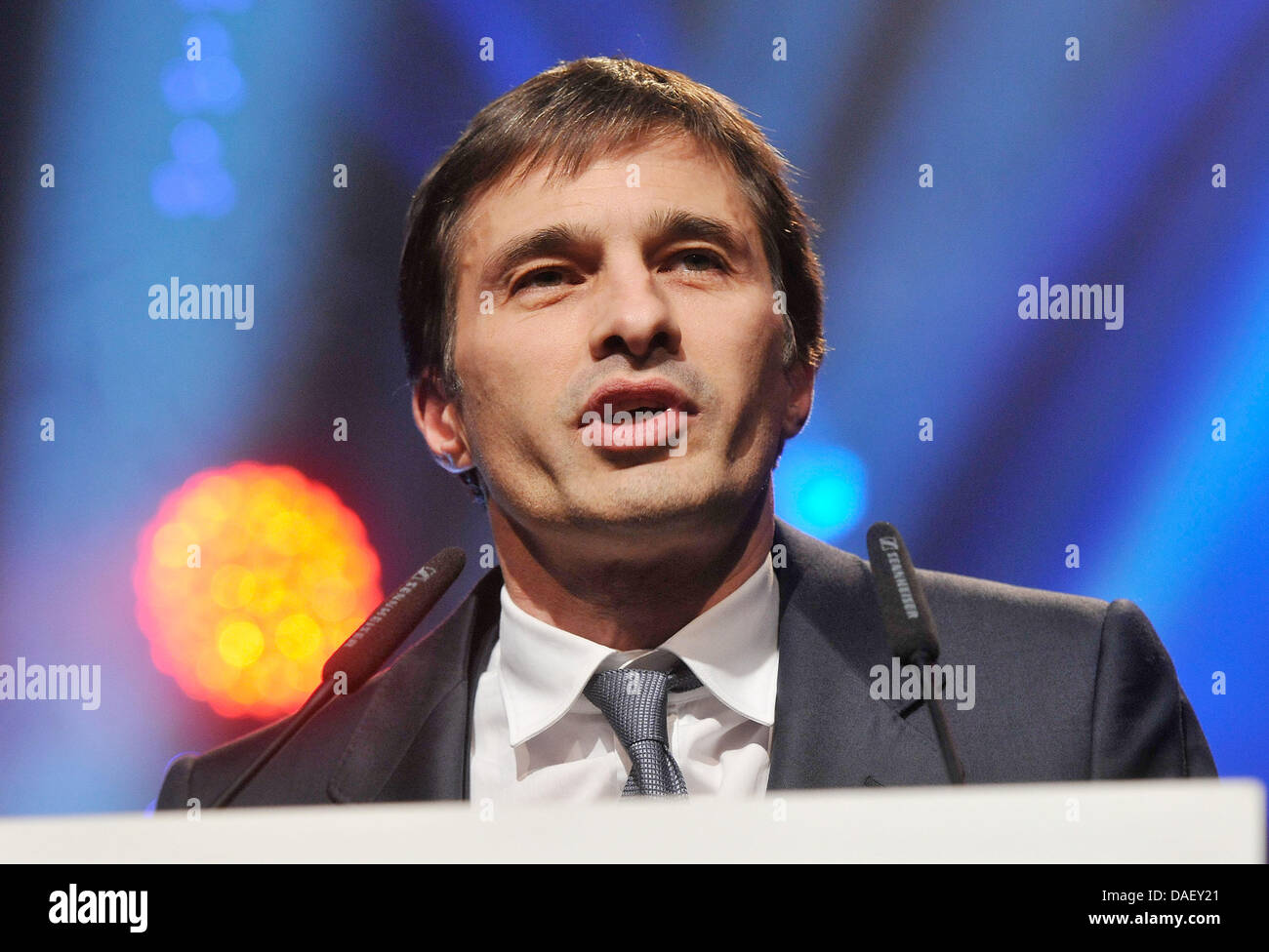 UNESCO ambassador and French actor Oliver Martinez stands on stage ...